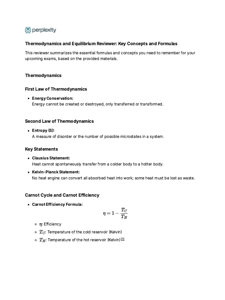 Thermodynamics Exam Review: Key Formulas | PDF | Entropy | Temperature