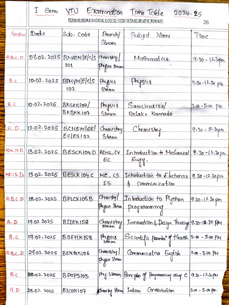 VTU 2nd Sem Exam Time Table 2025 | PDF