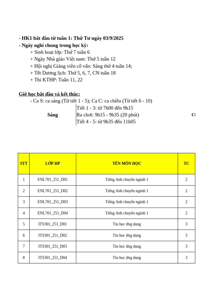2 - Lịch Giảng HK1-NH 25 26 - DHCQ - dang Web | PDF