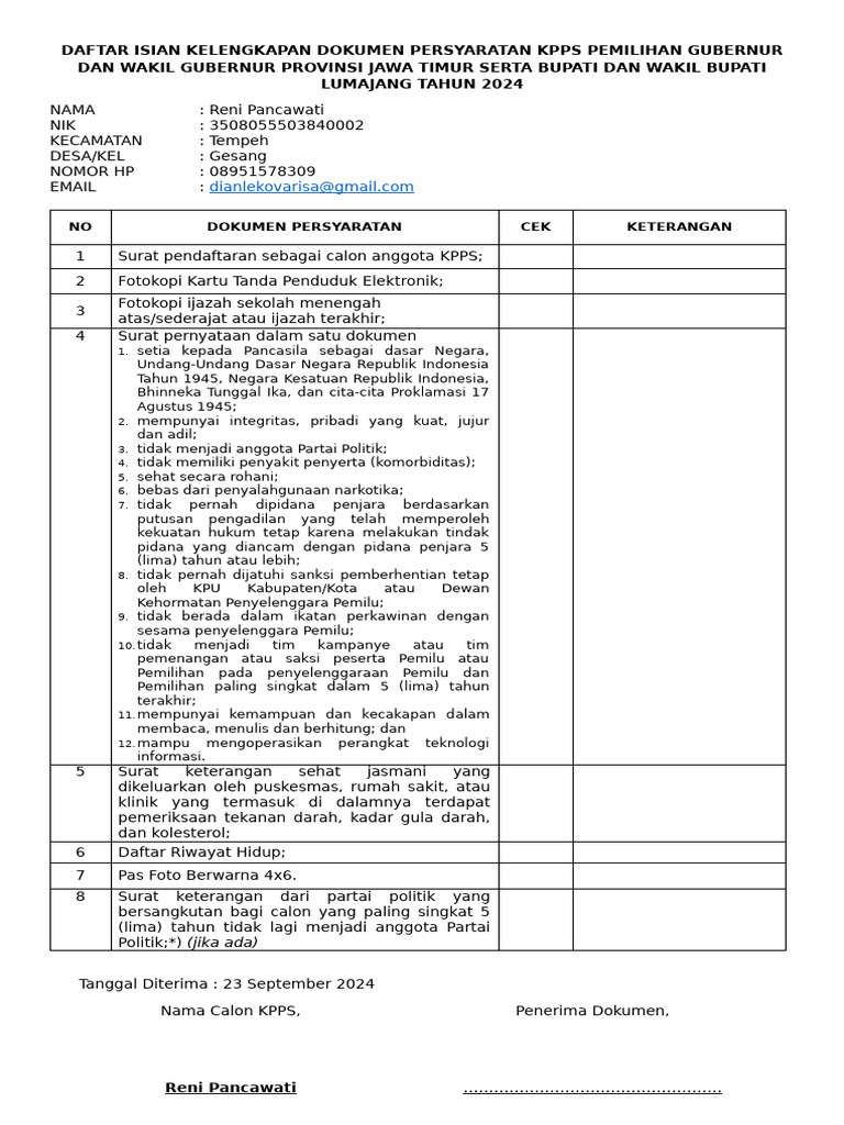 Daftar Isian Kelengkapan Dokumen Persyaratan Kpps | PDF