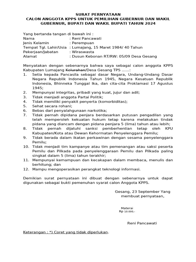 2. Surat Pernyataan Kpps Pilkada | PDF