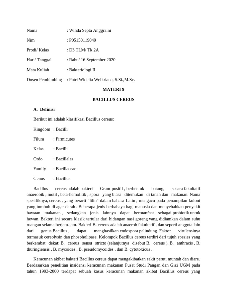 Bakteriologi 2. Materi 9 Bacillus Cereus (Winda Septa A TLM 2A) | PDF