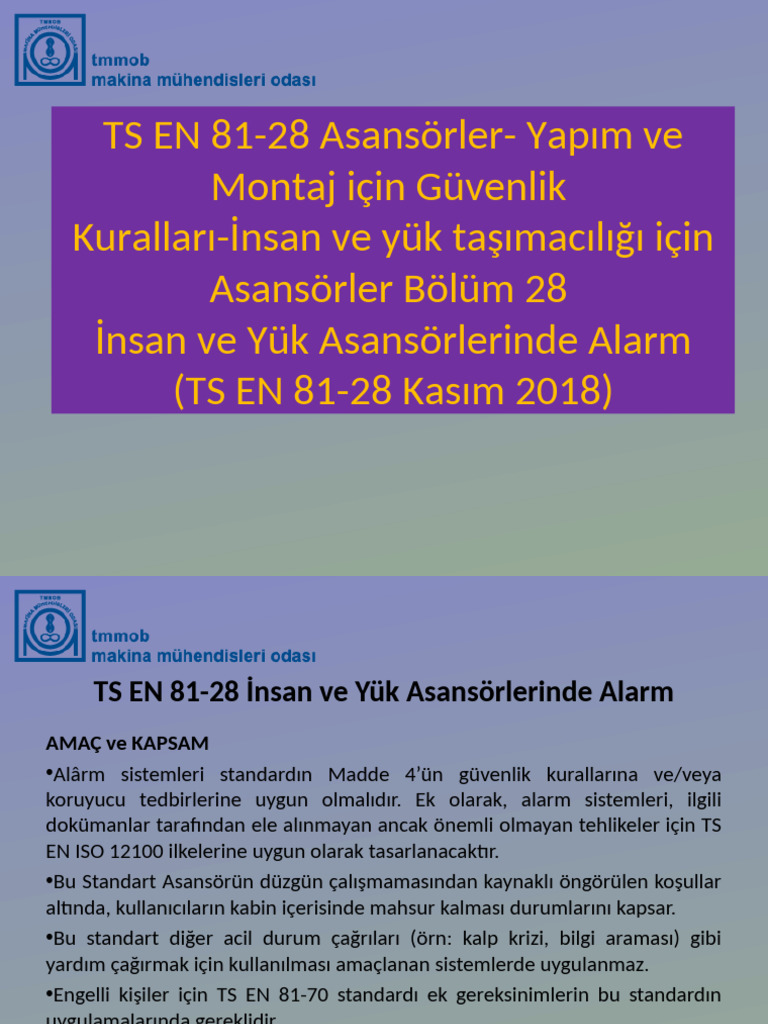 Ts en 81-28 İnsan Ve Yük Asansörleri̇nde Alarm Si̇stemleri̇.pps | PDF