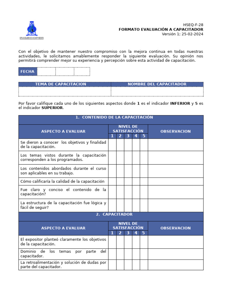 HSEQ-F-28 Formato Evaluación A Capacitador | PDF | Ciencia cognitiva | Aprendizaje