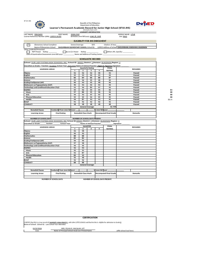 School Form 10 (SF10) Form 137 | PDF | Middle Schools | Educational Stages