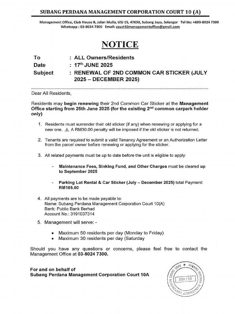 NOTICE RENEWAL OF 2nd COMMON CAR STICKER JULY 2025 - DEC 2025 | PDF