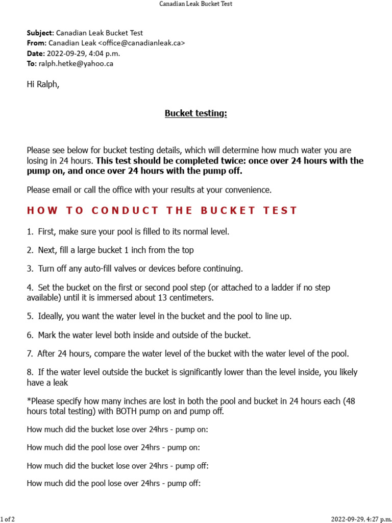 Canadian Pool Leak Bucket Test Guide | PDF