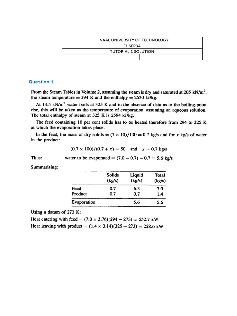 Tutorial 1 Solution (Evaporation) | PDF | Steam | Latent Heat