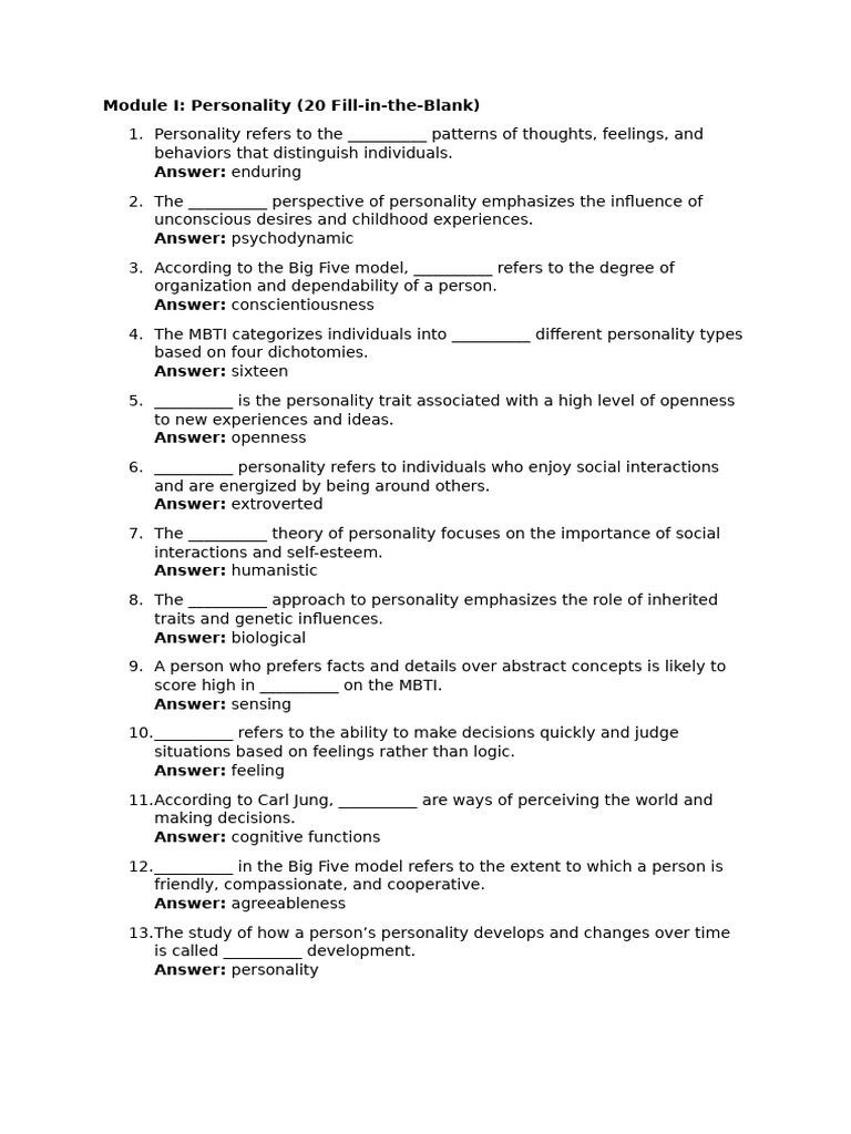 Fill in The Blanks Module Wise Bsu | PDF | Socialization | Personality Type