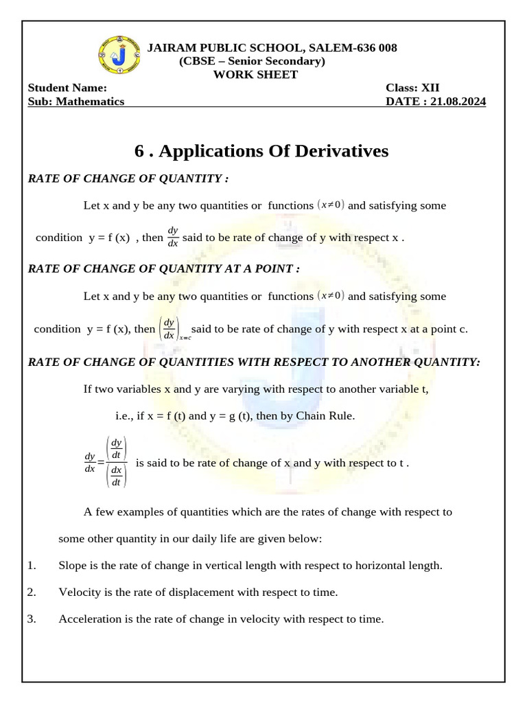 Chapter 6 Applications Of Derivatives Pdf Derivative Mathematical Analysis