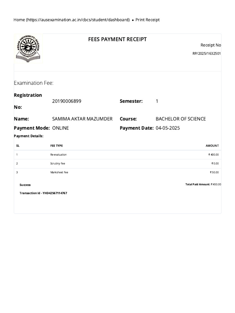 CBCS Exam Fee Payment Receipt | PDF