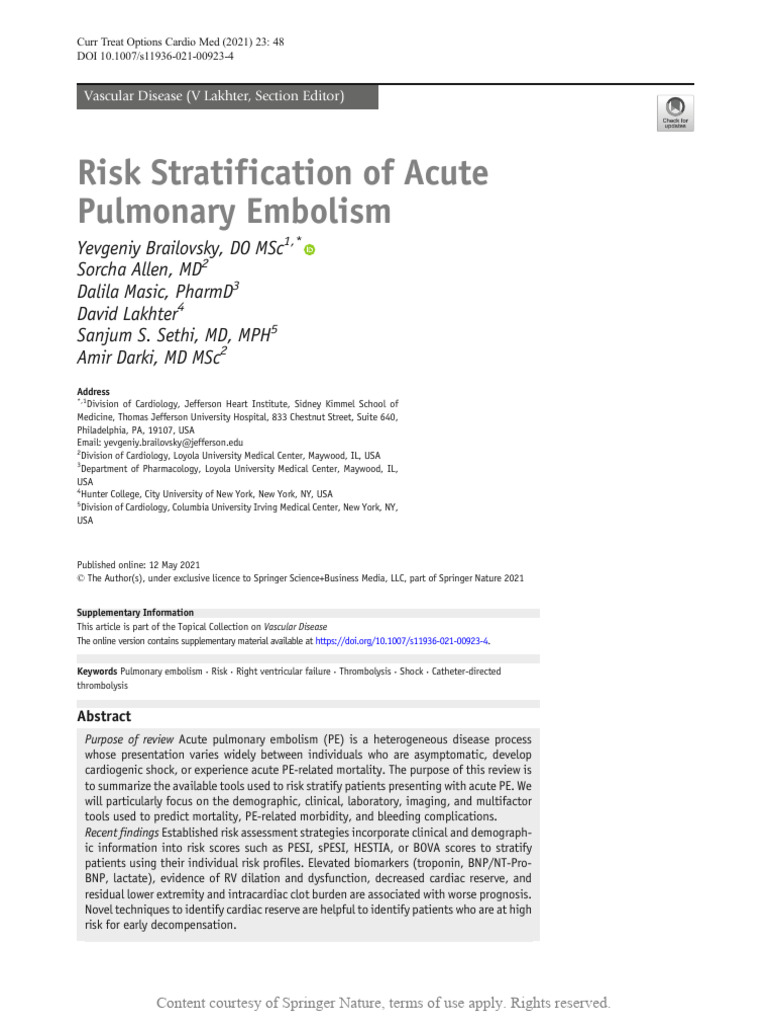 Risk Stratification of Acute Pulmonary Embolism | PDF | Blood Pressure | Atrium (Heart)