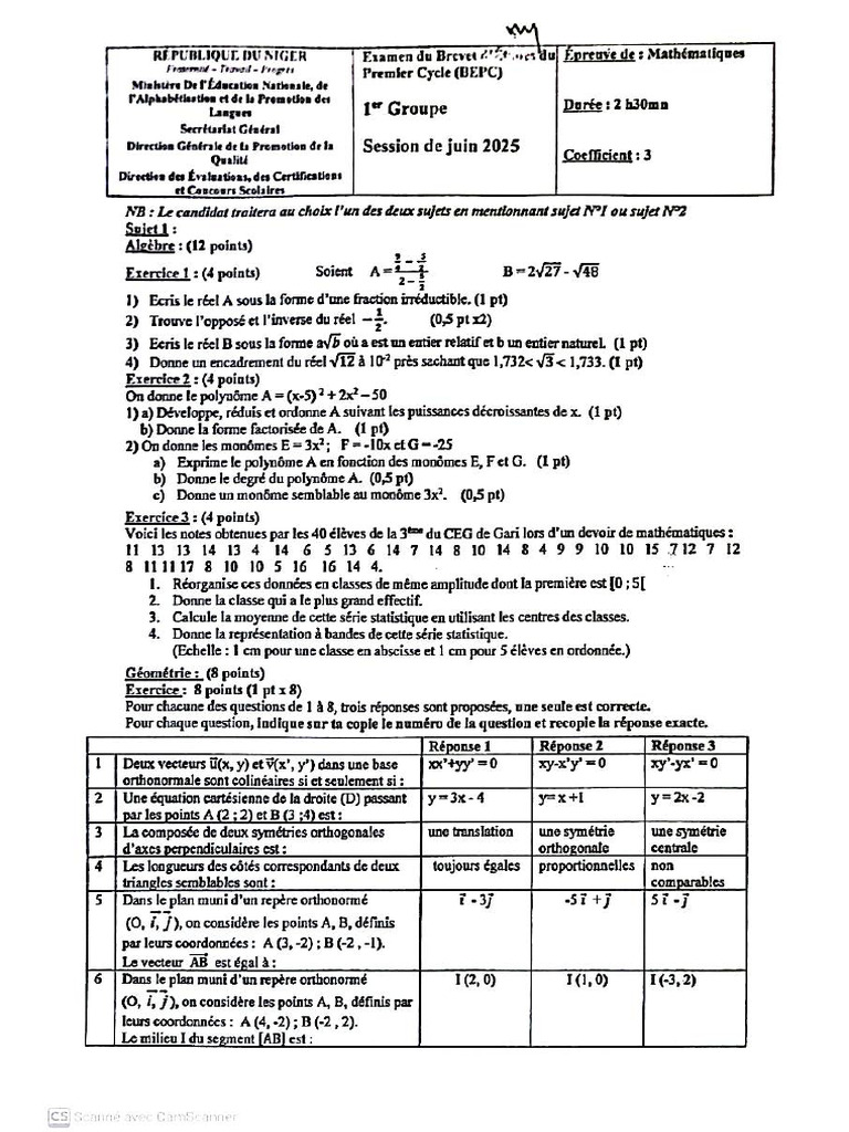 BEPC Maths 2025 Niger - 1er Groupe | PDF