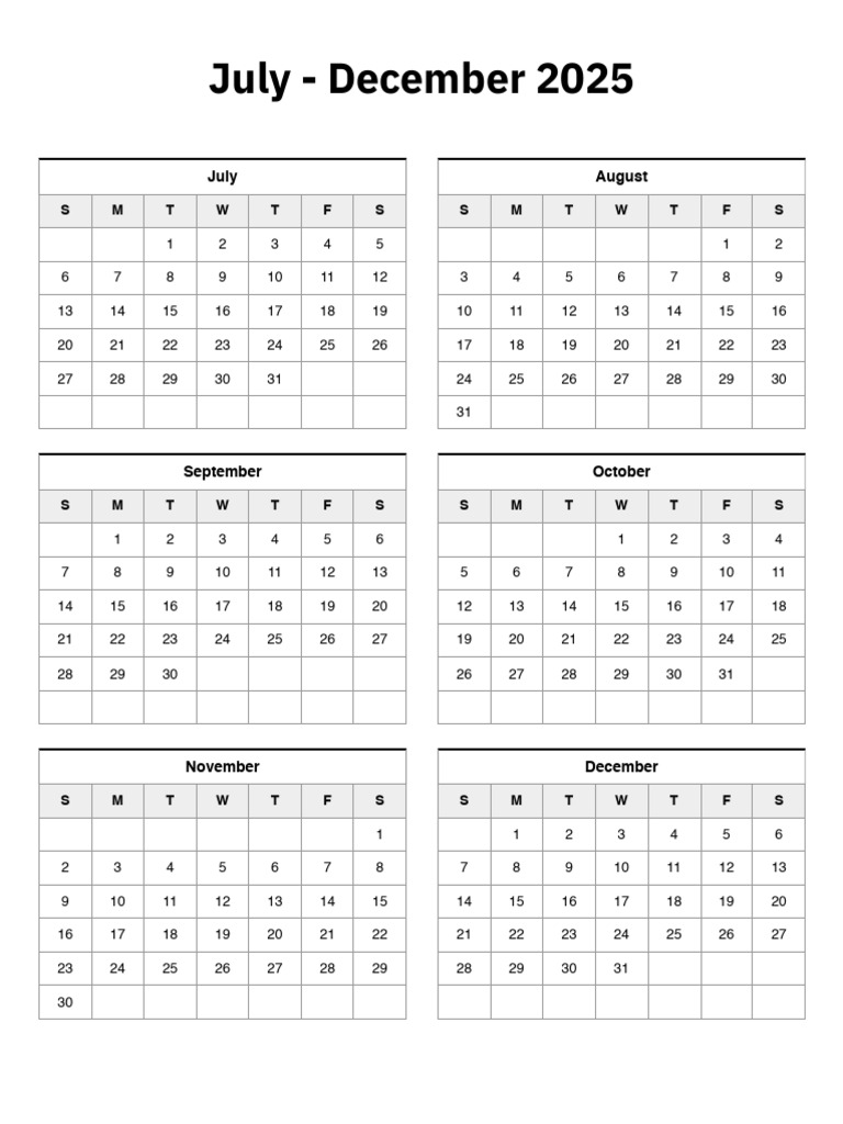 July to December 2025 Calendar | PDF