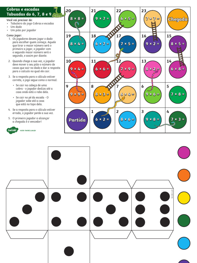 BR M 1697475615 Jogo de Tabuleiro Cobras e Escadas Tabuadas Do 6 7 8 e 9 Ver 1 | PDF