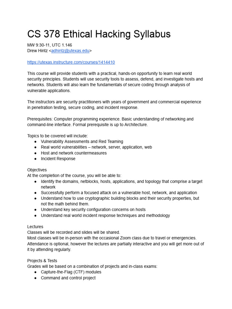 CS 378 Ethical Hacking Syllabus - Hintz Sp25 | PDF | Security | Computer Security