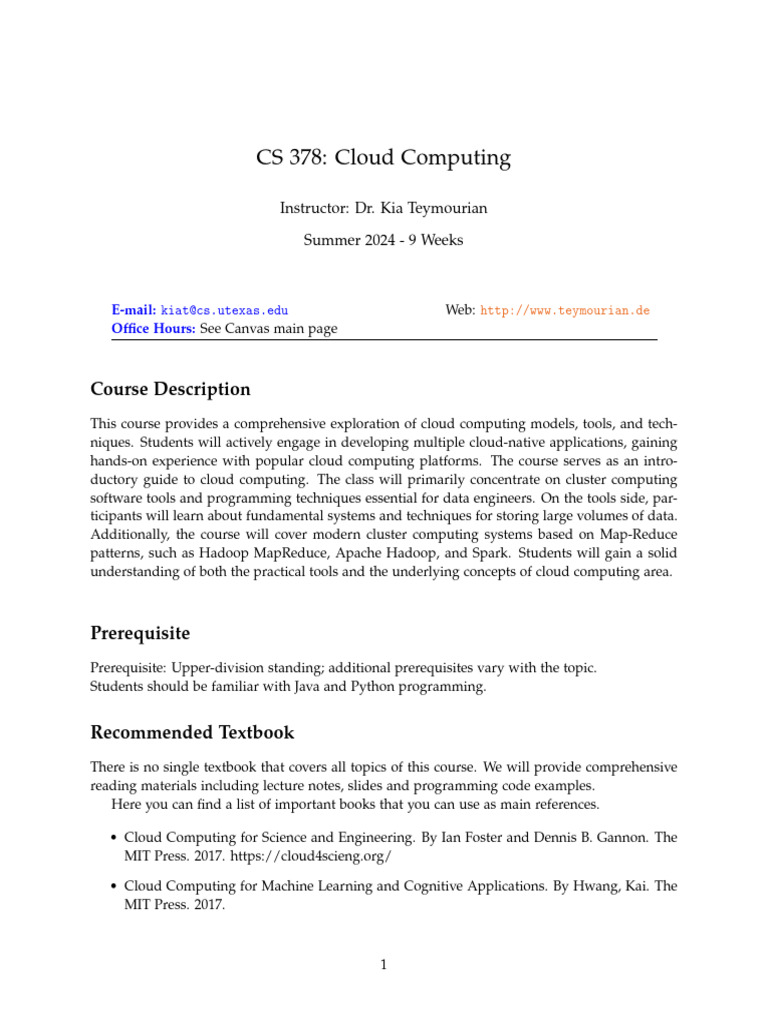 CS378 Cloud Computing Syllabus | PDF | Apache Spark | Apache Hadoop