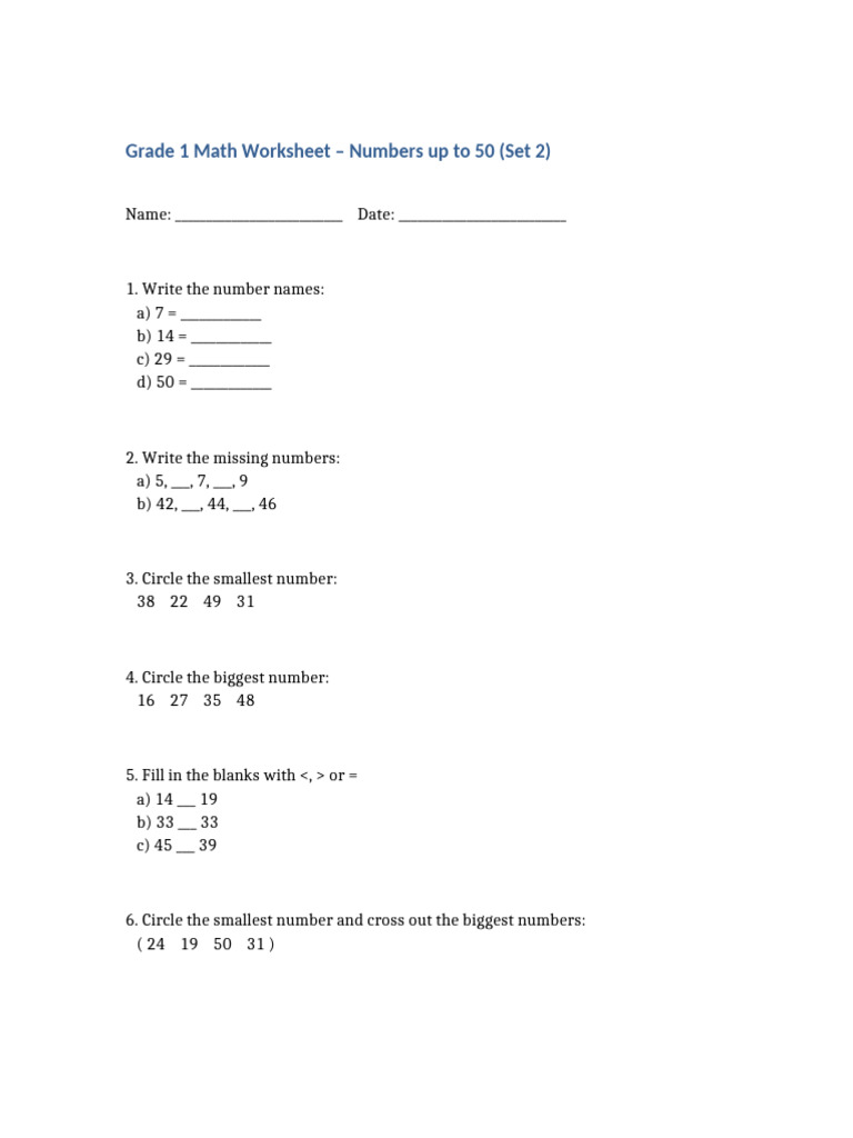 Grade 1 Math Worksheet: Numbers to 50 | PDF