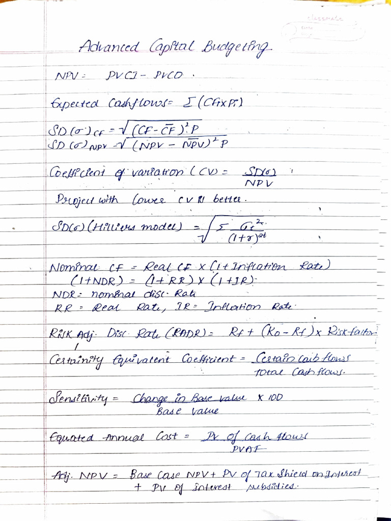 CA Final SFM Adv Cap Budget Formulae | PDF