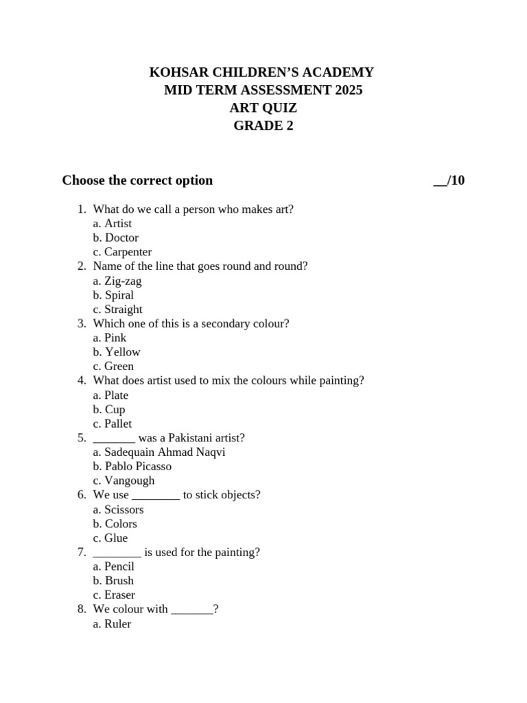 Art Quiz Grade 2 | PDF