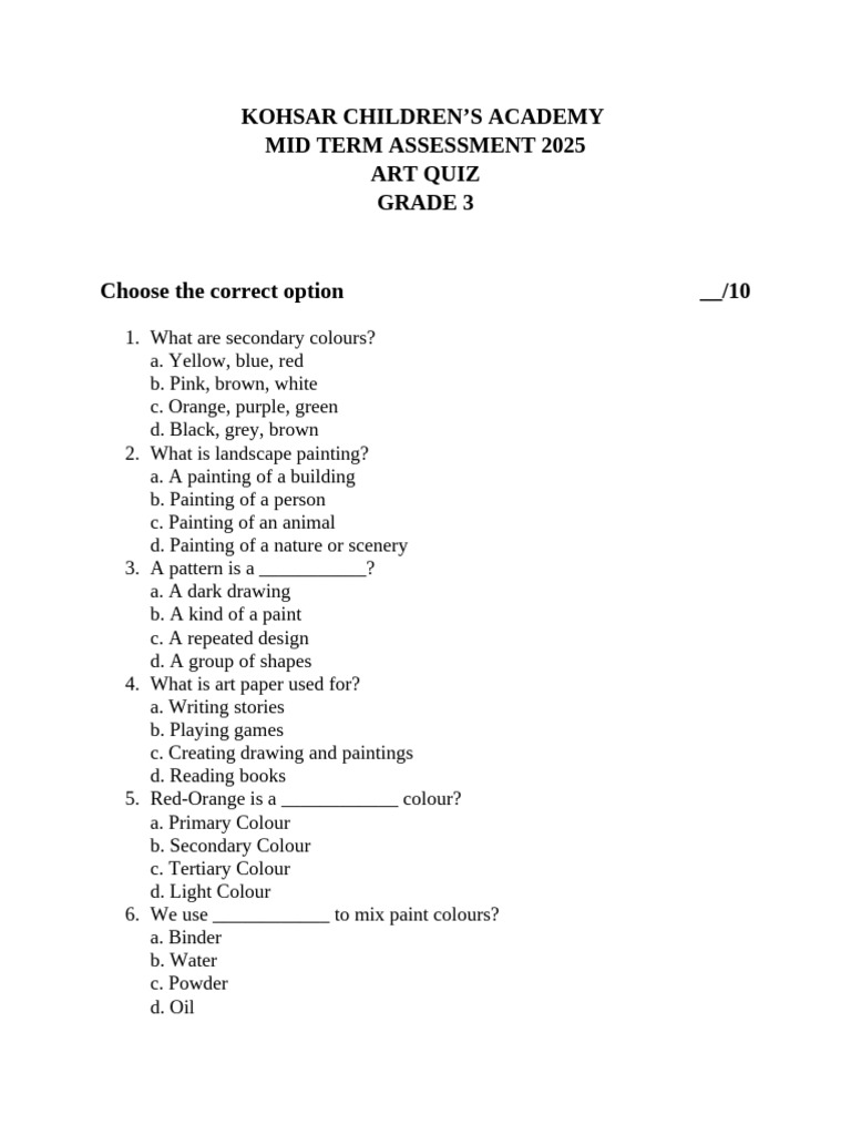 Grade 3 Art Quiz Assessment 2025 | PDF