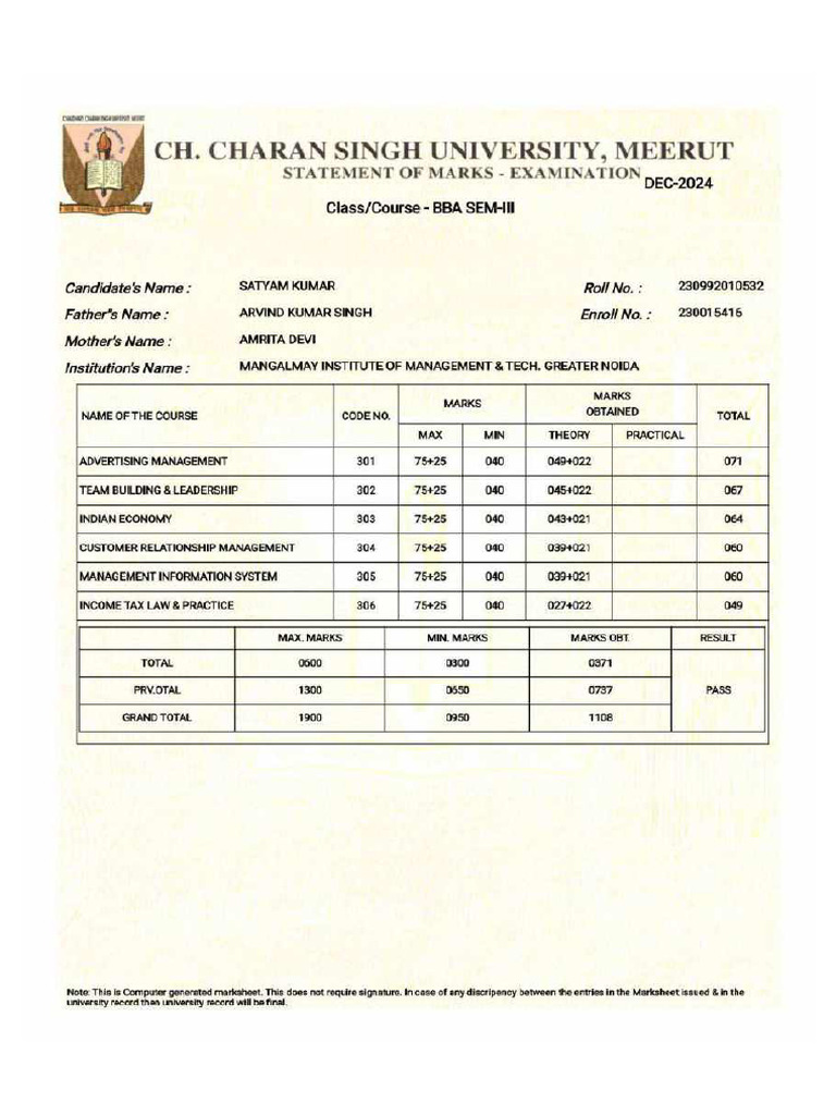 Marksheet Pdf Pdf