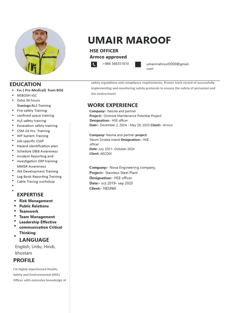 Umair Maroof HSE Officer CV Armco Approved | PDF | Occupational Safety ...