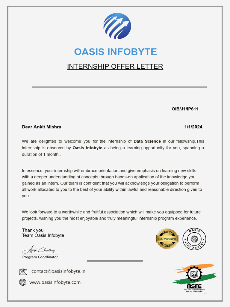 Ankit Mishra Offer Letter of Oasis Company | PDF