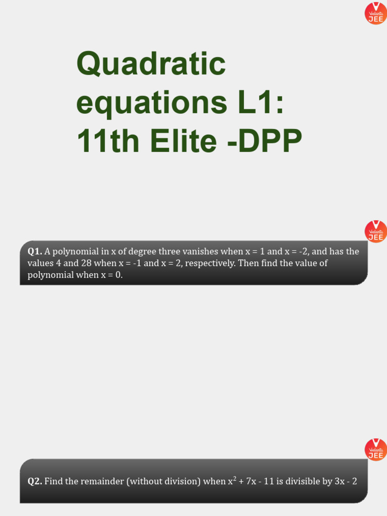Quadratic Equations L1 DPP 11th Elite | PDF | Factorization | Polynomial