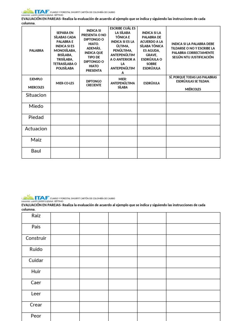 Evaluación Reglas de Acentuación, Diptongo y Hiato | PDF | Sílaba ...