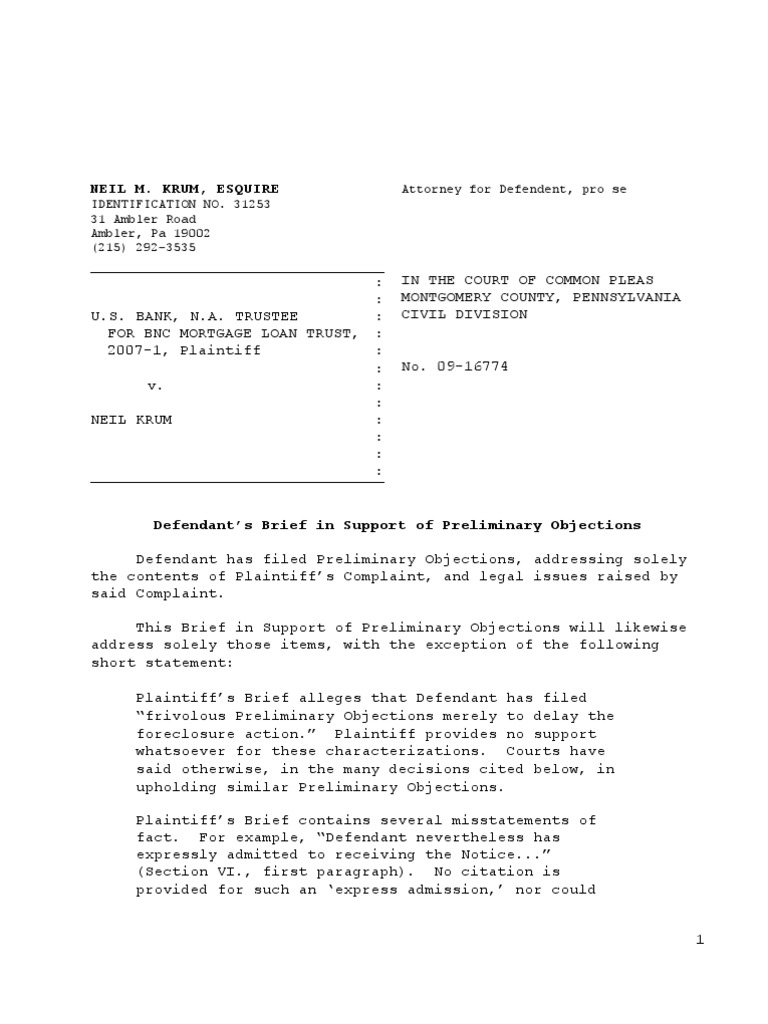 Brief, Objections to Complaint | Demurrer | Lawsuit