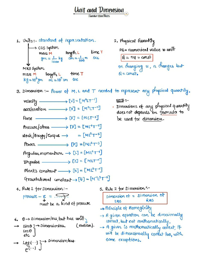 Unit and Dimension Handwritten Notes by Top Faculties | PDF