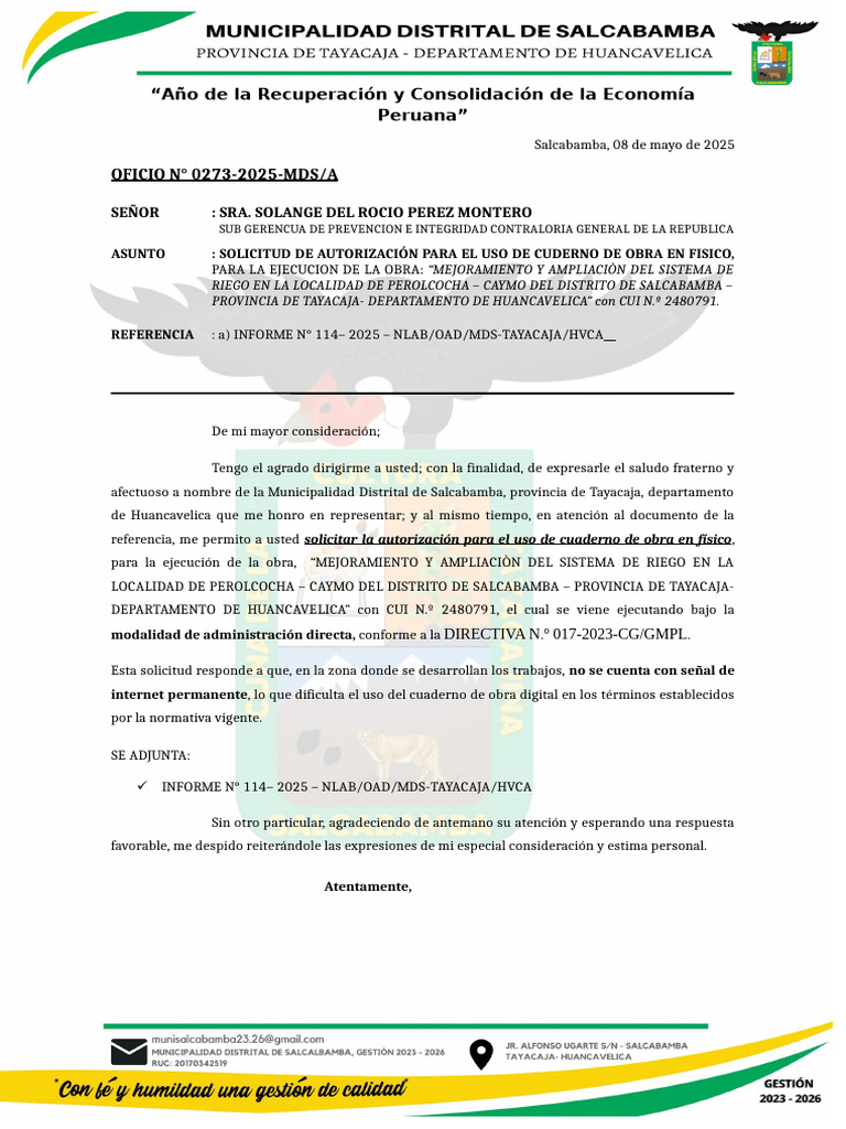 Oficio N°0273-2025 Solicito Uso de Cuaderno de Obra en Fisico Obra ...