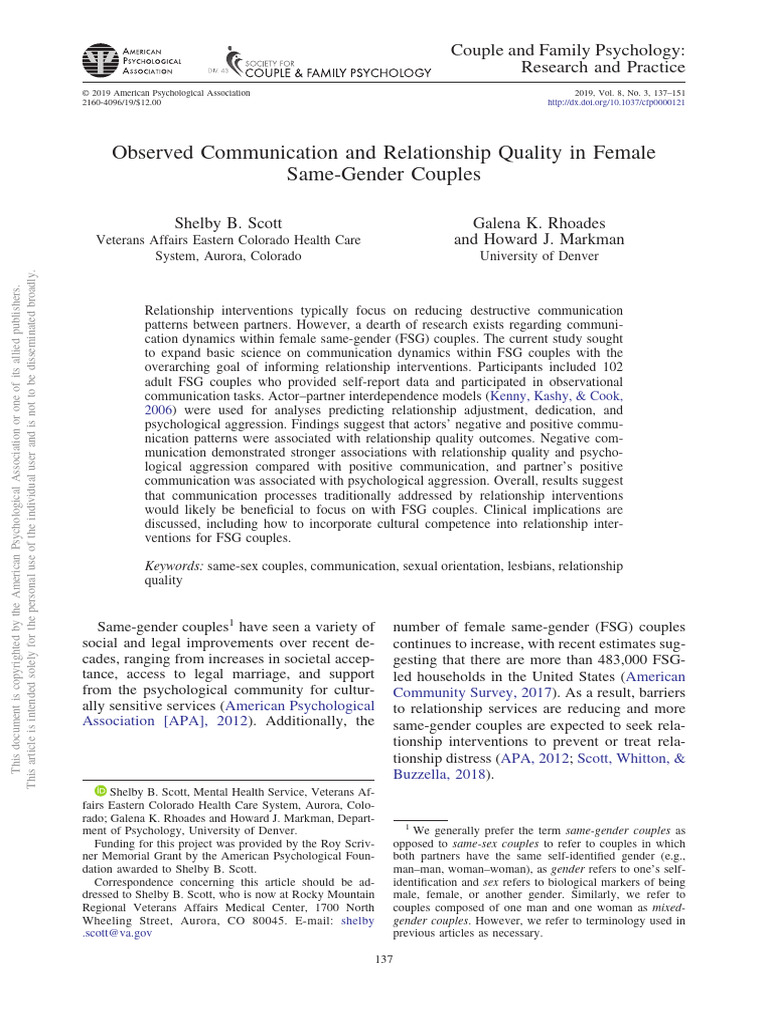 Observed Communication and Relationship Quality in Female Same-Gender ...