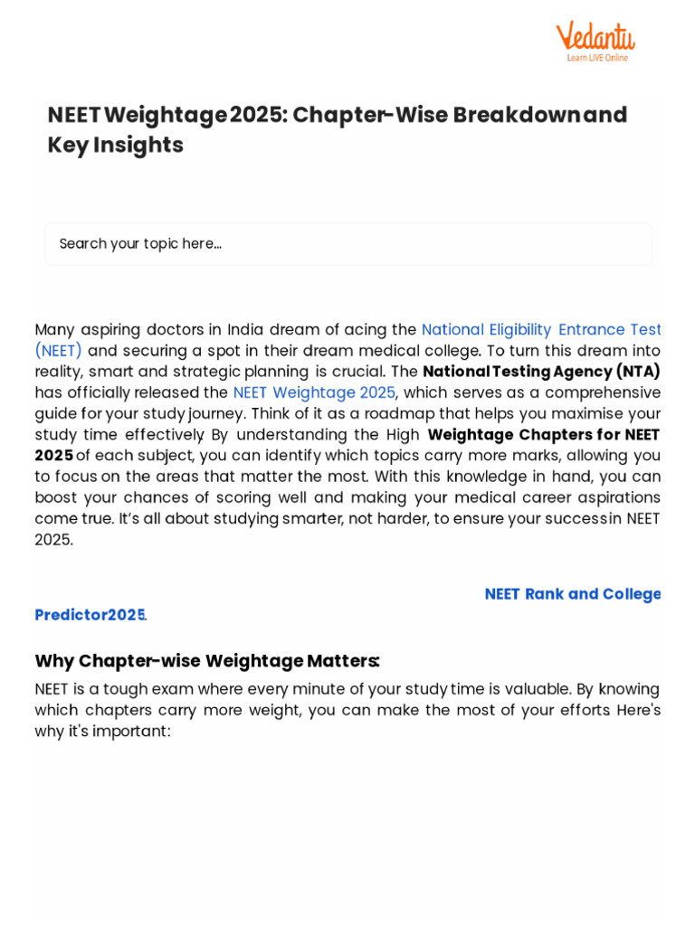 NEET Weightage 2025 - Chapter-Wise Breakdown and Key Insights | PDF