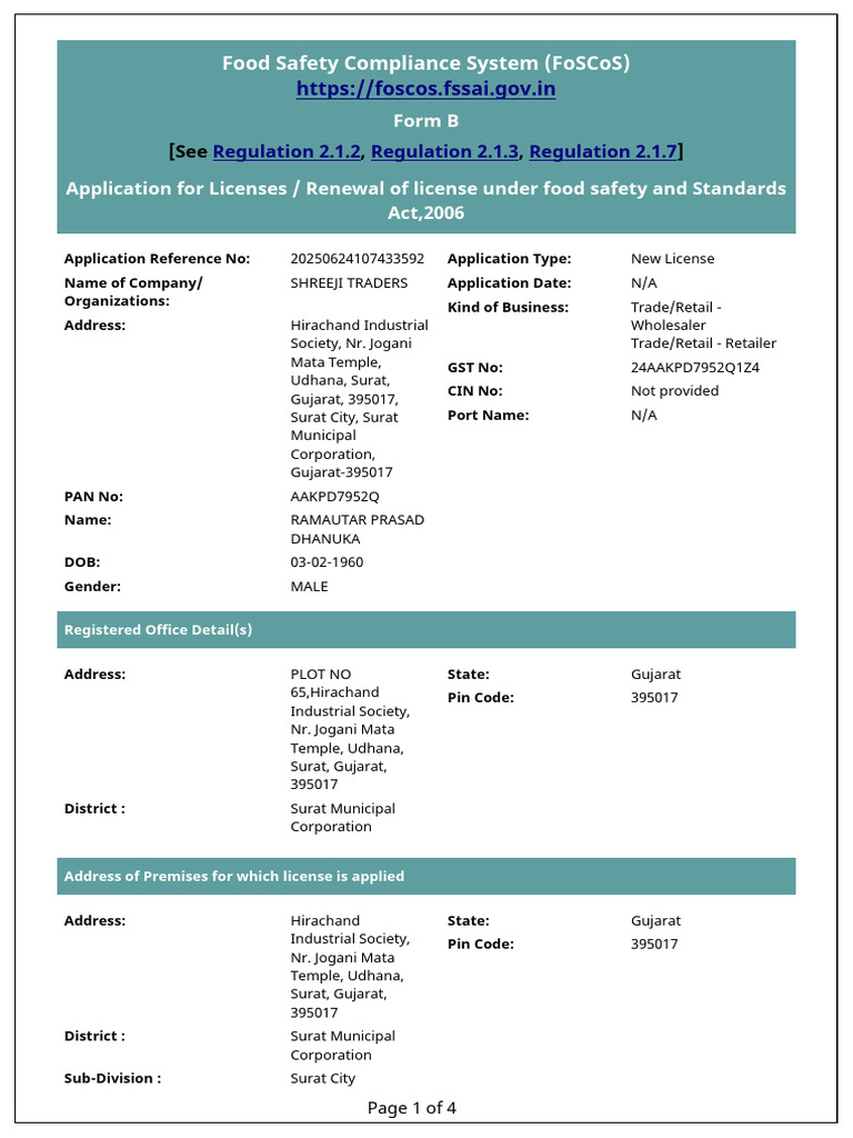 Food Safety License Application Form | PDF | Legume