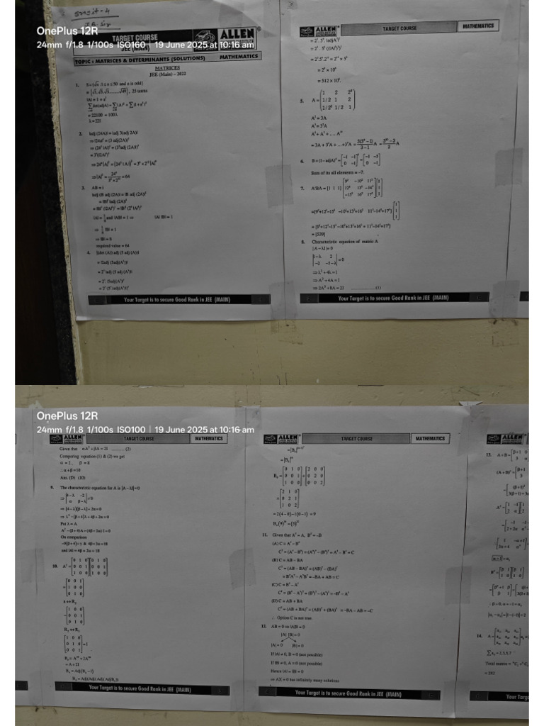 Matrix and Deternant Pyq Sol N | PDF