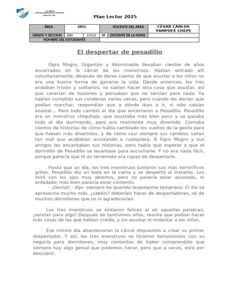 El Despertar de Pesadillo Lectura DPCC 2 | PDF