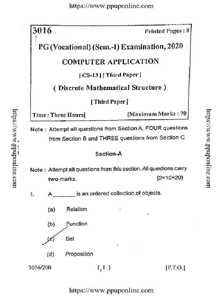 Mca 1 Sem Vocational CA Discrete Mathematical Structure 3016 2020 | PDF