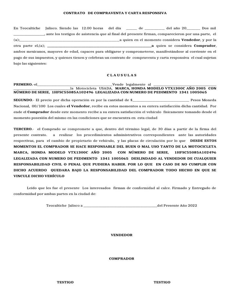 CONTRATO Compraventa Carta Responsiva | PDF