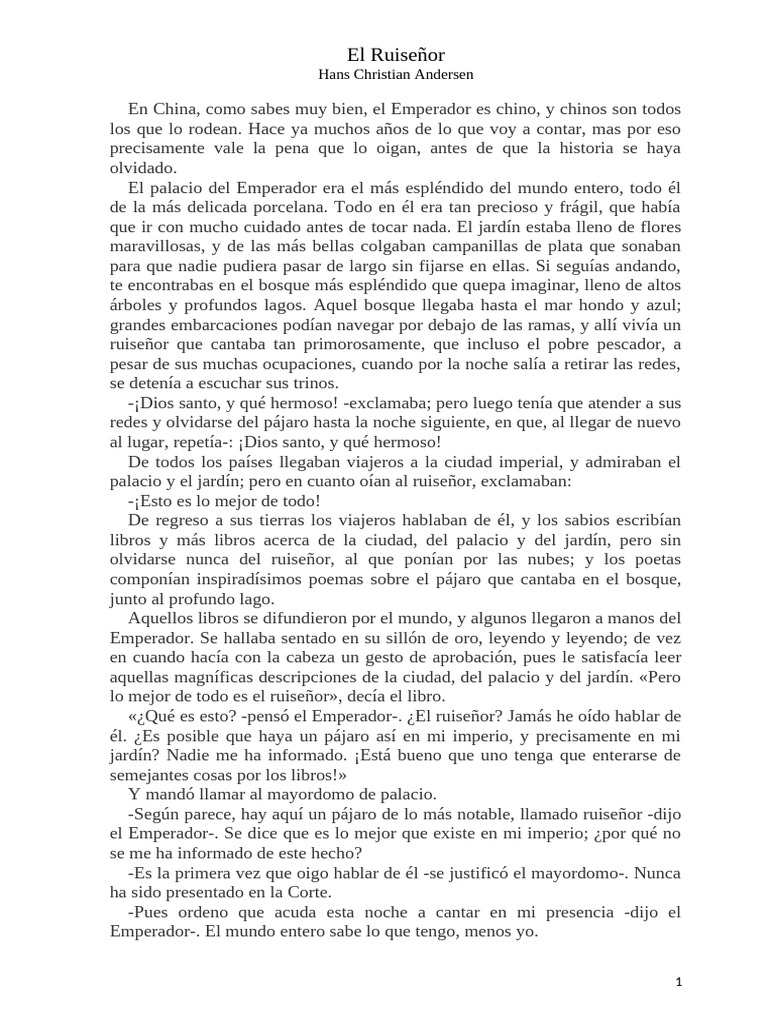 El Ruiseñor: Cuento de Andersen | PDF | Aves