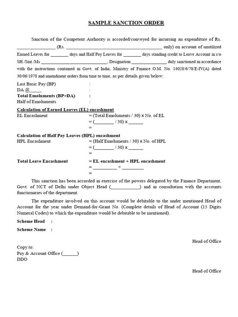 Sample Sanction Order Leave Encashment | PDF