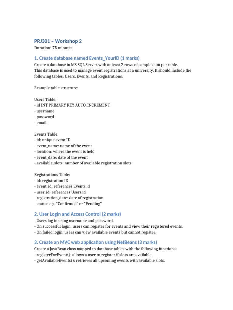 Prj301 - Workshop 2: 1. Create Database Named Events - Yourid (1 Marks ...