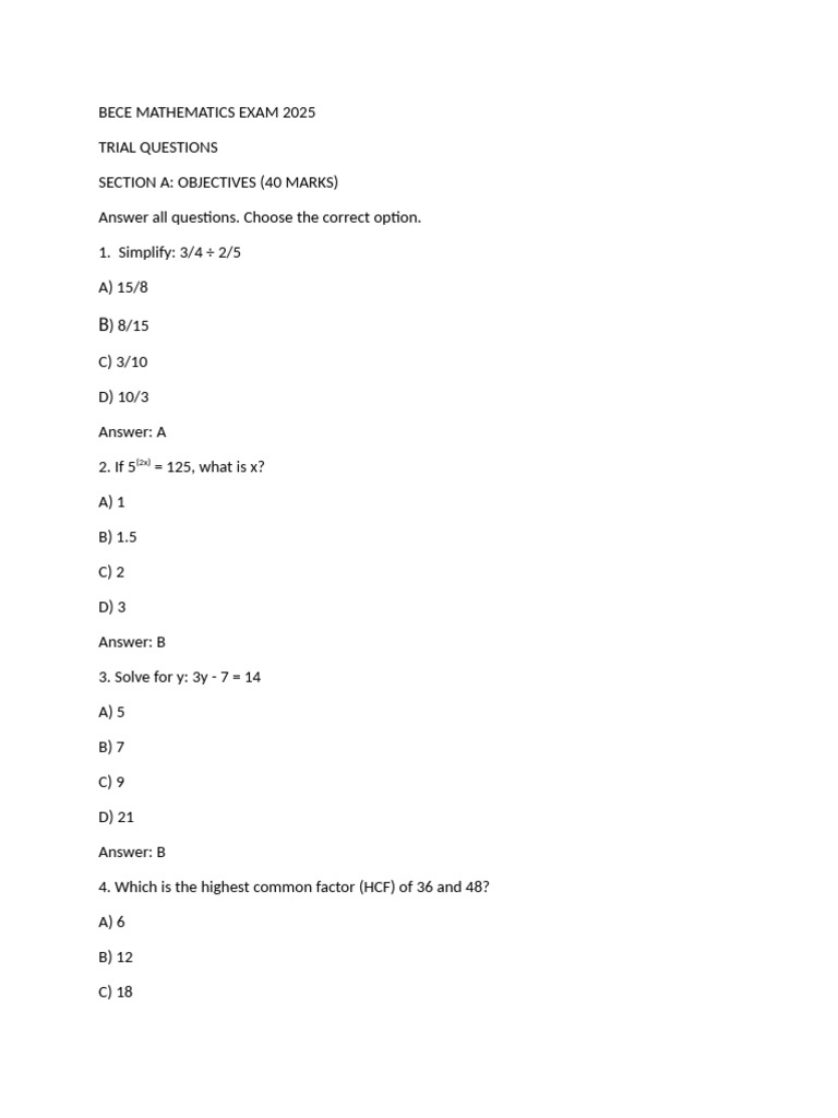 BECE Mathematics Exam 2025 Questions | PDF | Elementary Mathematics ...