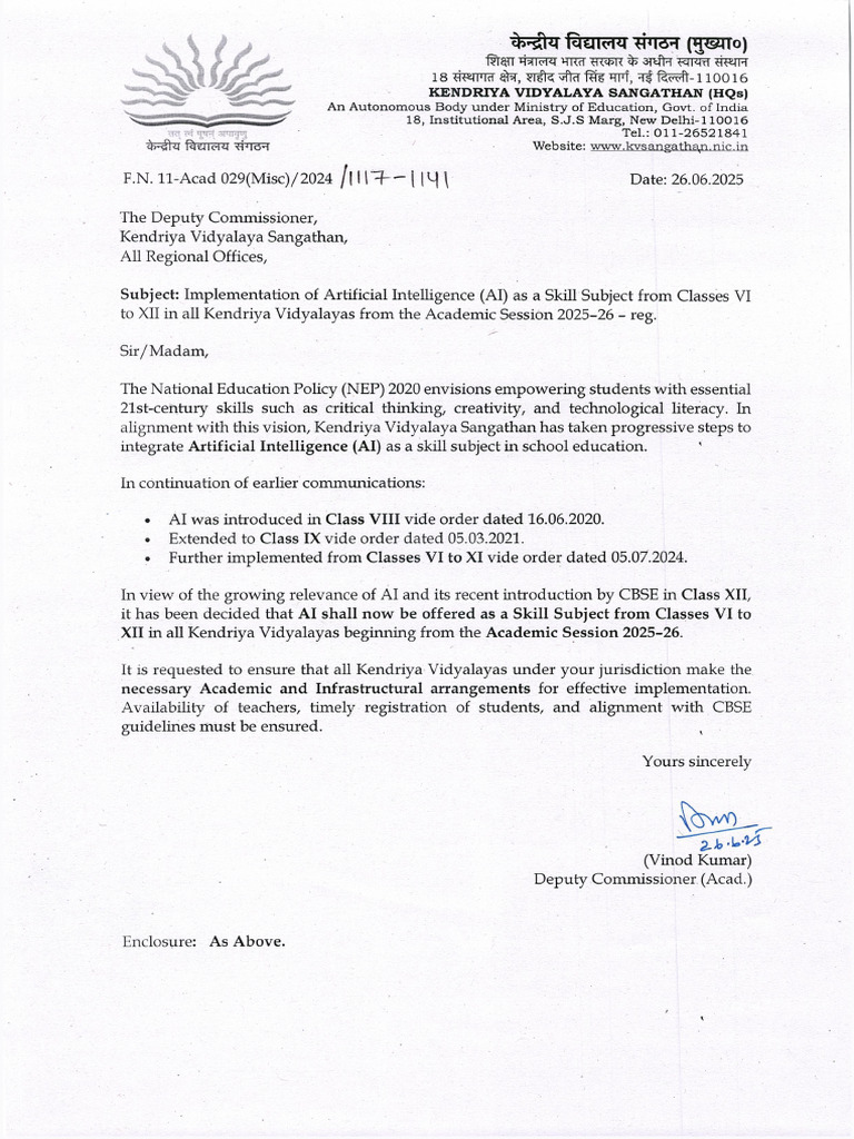 Implementation of AI As A Skill Subject From Classes VI To XII in All KVs From The Academic ...