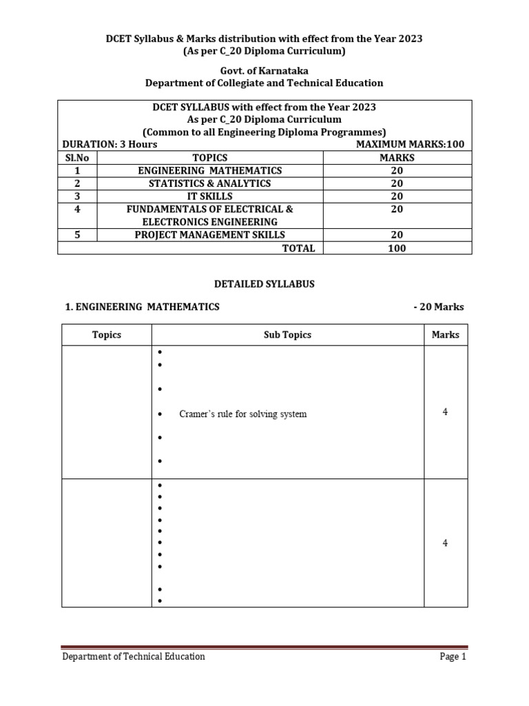 DCET Syllabus 2023 for C20 Diploma | PDF | Rectifier | Matrix (Mathematics)