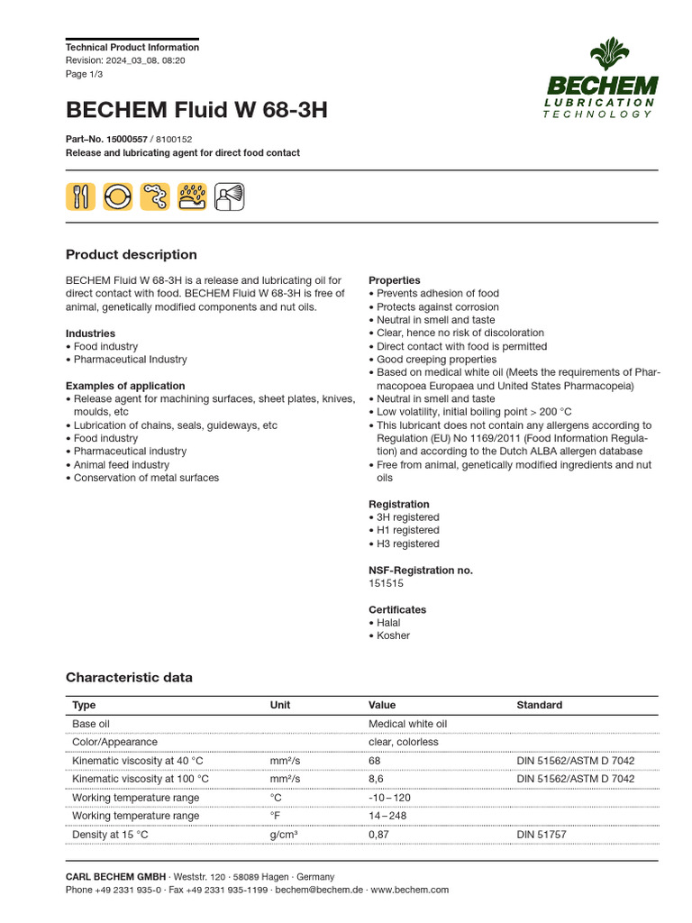 Food Grade Lubricant Bechem Fluid W 68 3h Pdf Lubricant