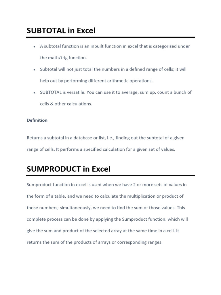 Excel Functions: SUBTOTAL, SUMPRODUCT, VLOOKUP | PDF | Computing | Data ...