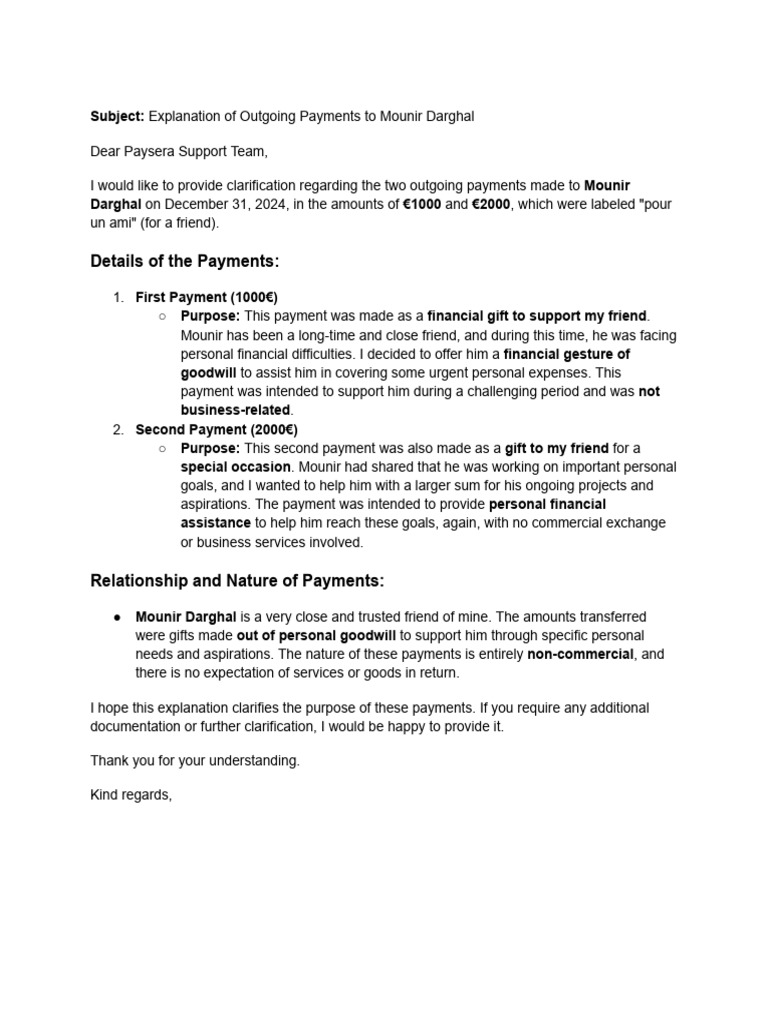 Explanation of Outgoing Payments To Mounir Darghal | PDF