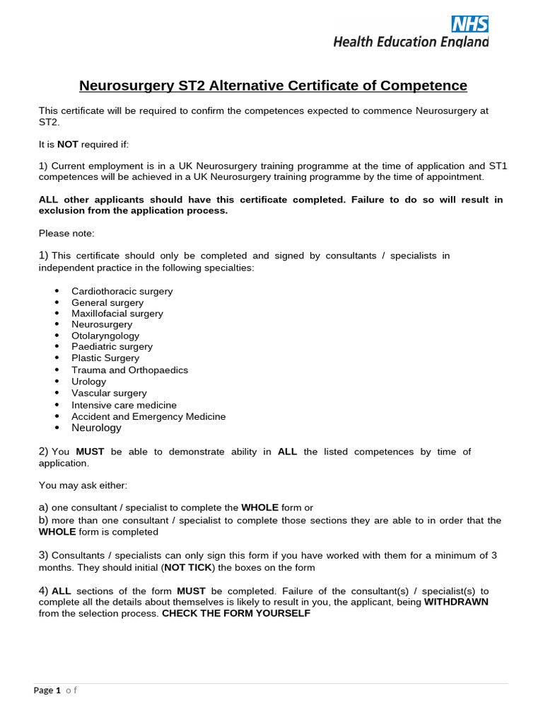 Neurosurgery St2 Alternative Certificate of Competence | PDF ...